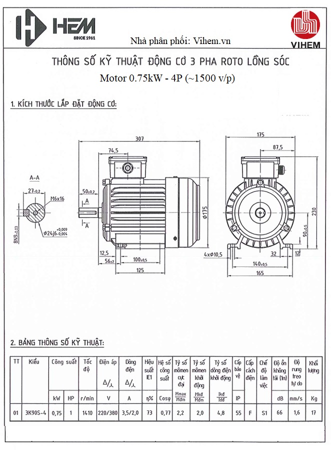 Motor điện 3 pha 0.75kW - 4P - động cơ Việt Hung - mô tơ 1HP rẻ